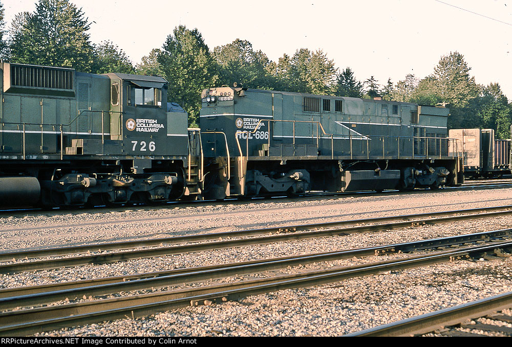 MLW M-630W BCOL 726 and MLW M-420B BCOL RCL 686 at north Vancouver yard